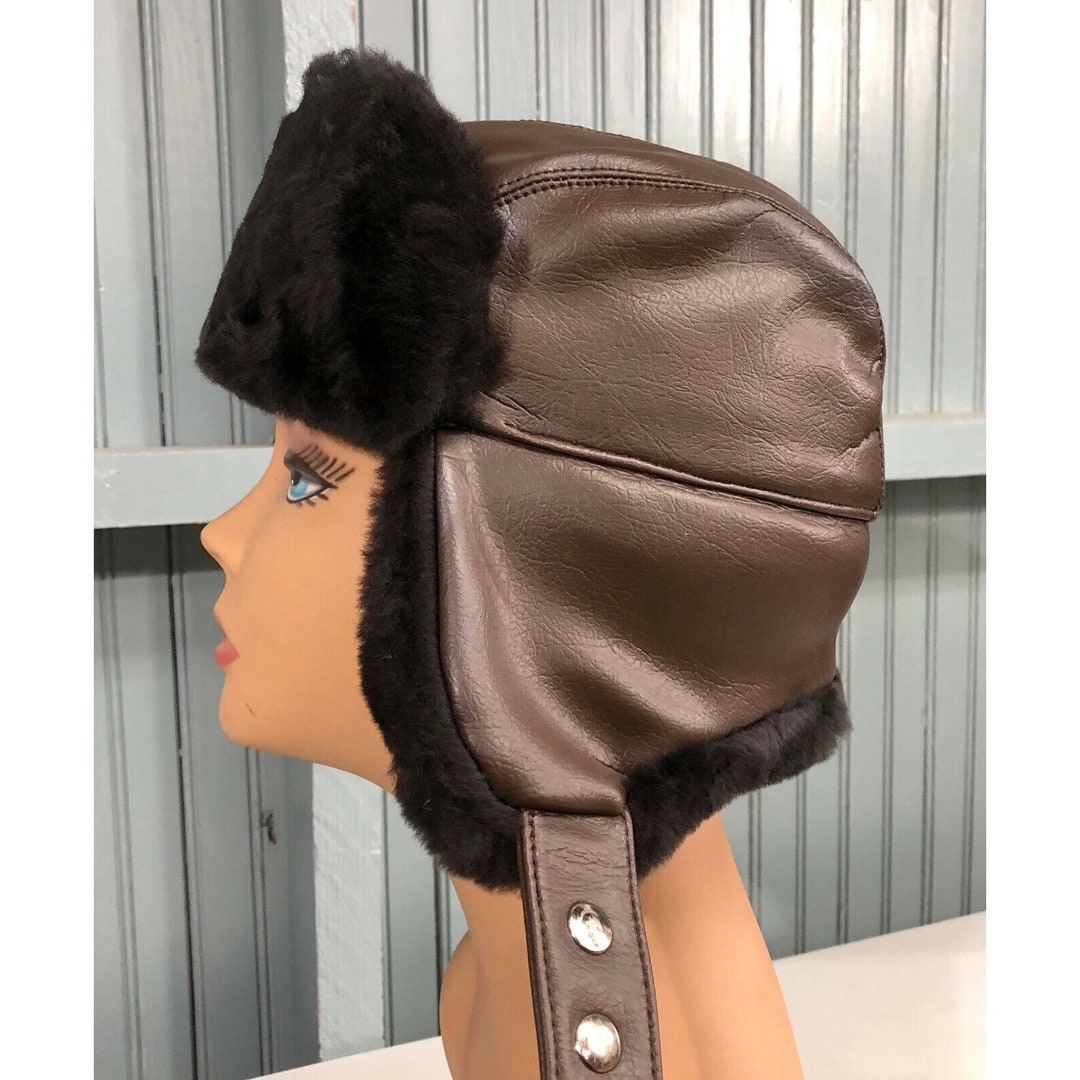Vintage Brown Trooper Vinyl Mouton Made in USA Snap Ear Flaps 6 7/8 ...