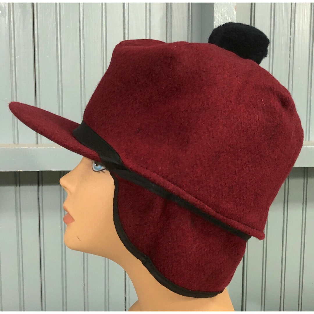Vintage Maroon Pom Wool Hunting Made USA Ear Flaps Size 8 Langenberg ...
