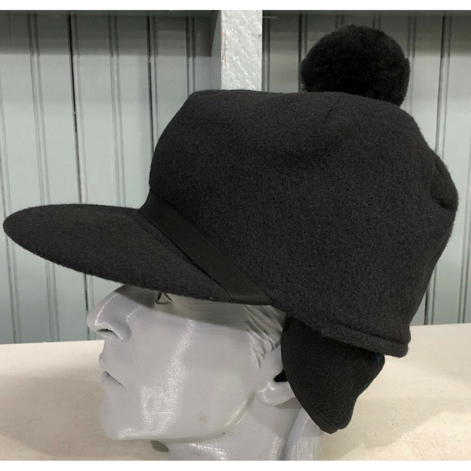 Vintage Black Fleece Hunting Trapper Pom Made USA Ear Flaps 6 7/8 ...