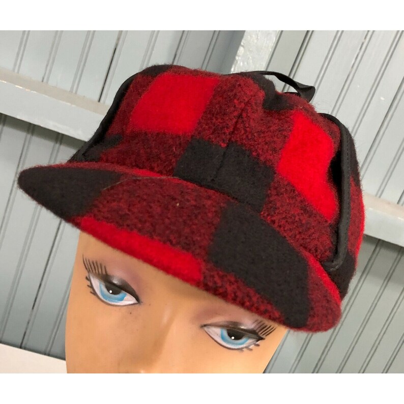 Vintage Scotch Hunting Red Plaid Wool Made USA Ear Flaps 6 3/4 ...
