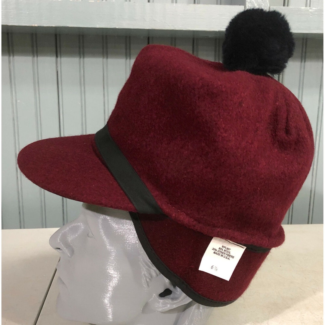 Vintage Maroon Pom Wool Hunting Made USA Ear Flaps 6 7/8 Langenberg ...