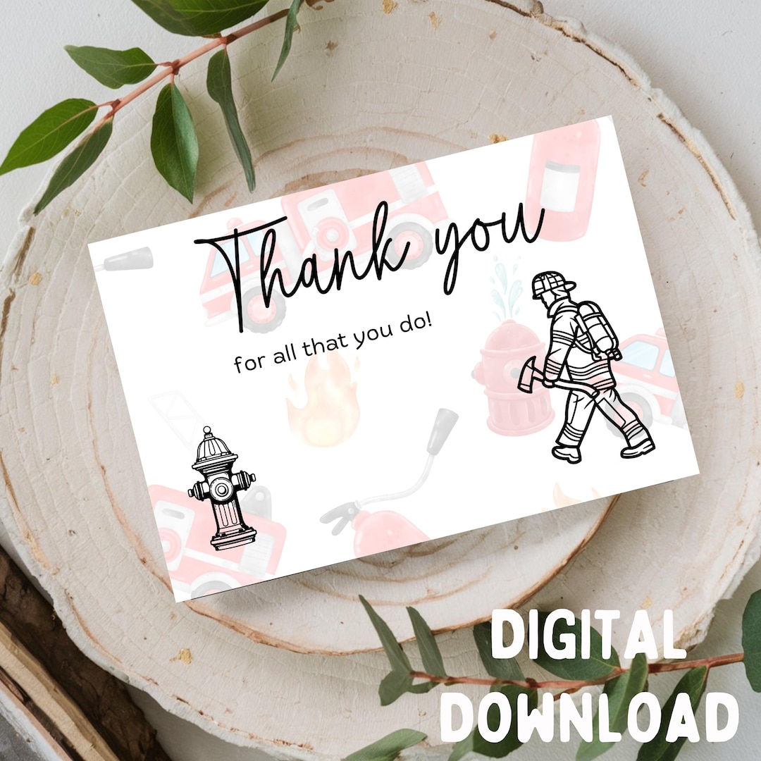 Firefighter Thank You Card: Printable 5x7 Greeting Card (digital ...