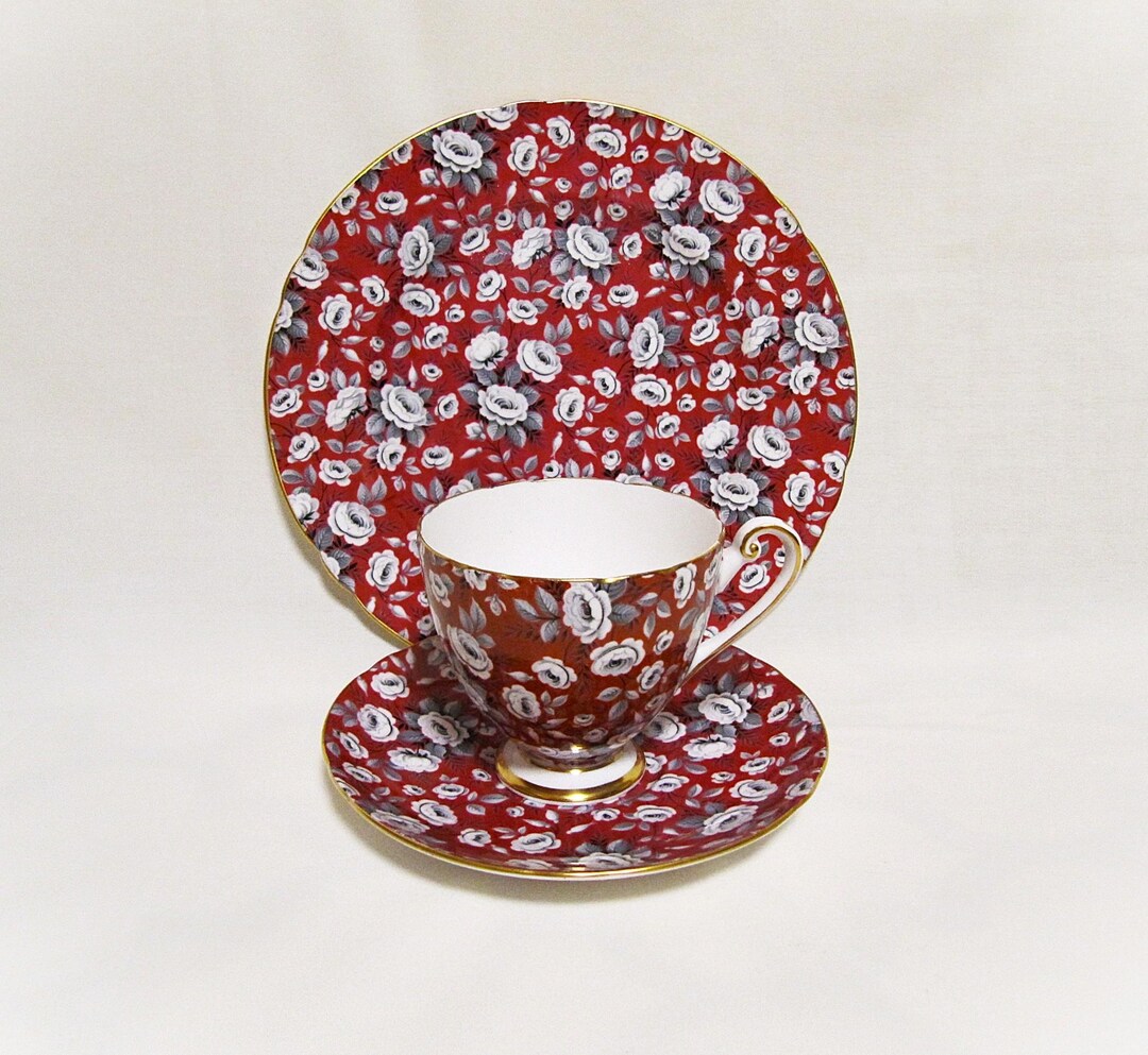 Shelley Red Tapestry Rose Chintz Rippon Foot Teacup, Saucer/luncheon ...