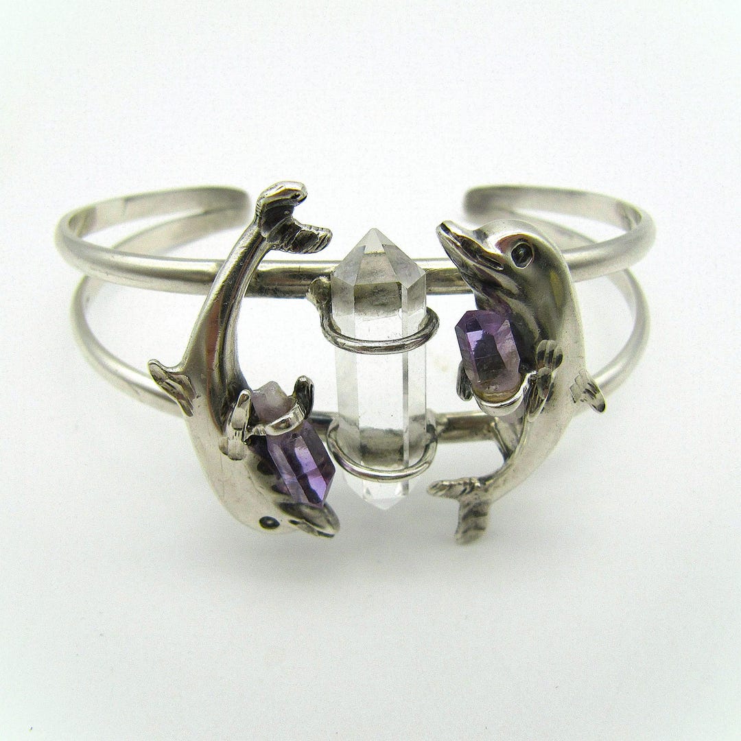 Vintage Sterling Silver Amethyst and Clear Quartz Figural Dolphin Cuff ...