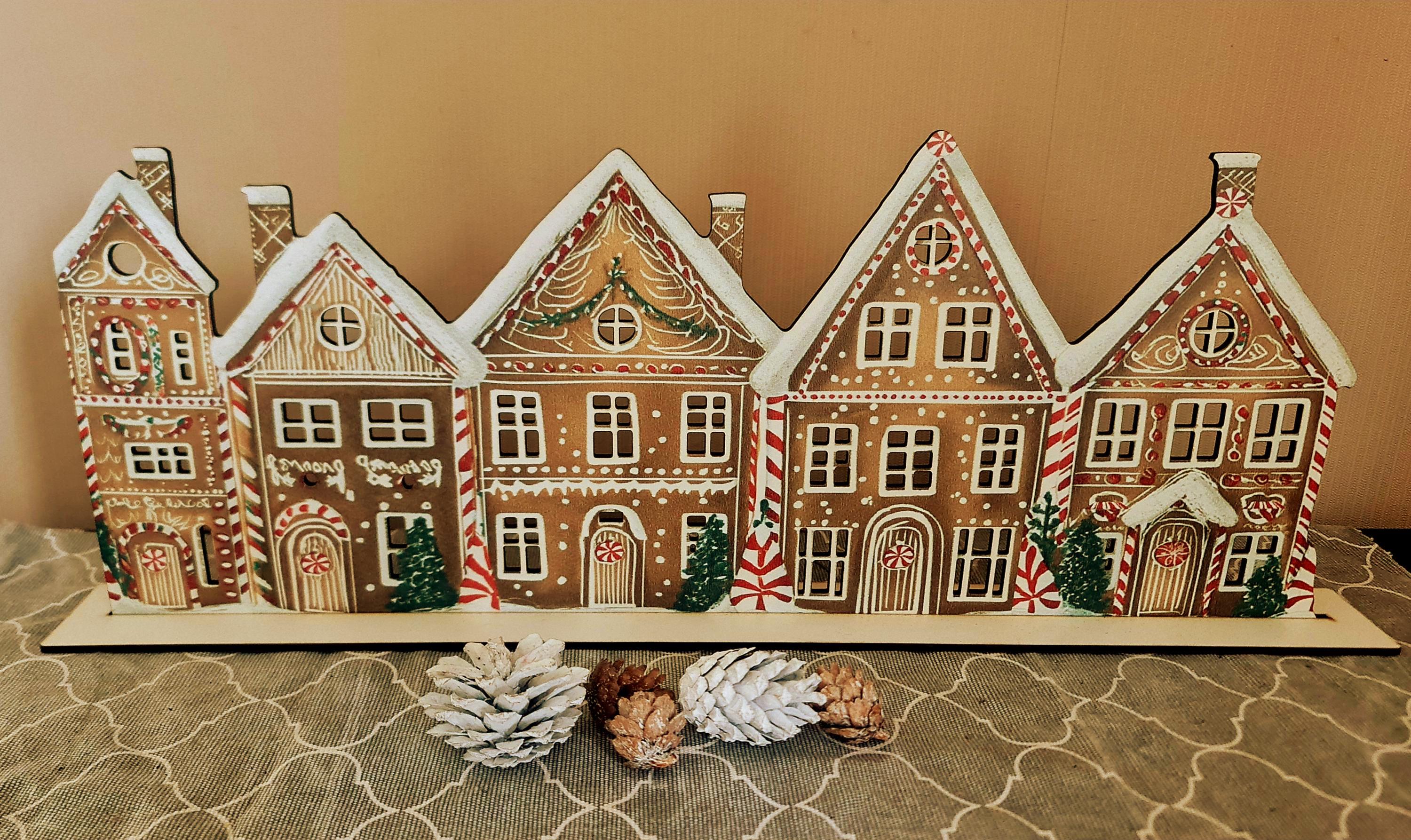 Gingerbread Row of Houses – Shelf & Mantle Christmas Scene With Cut Out ...