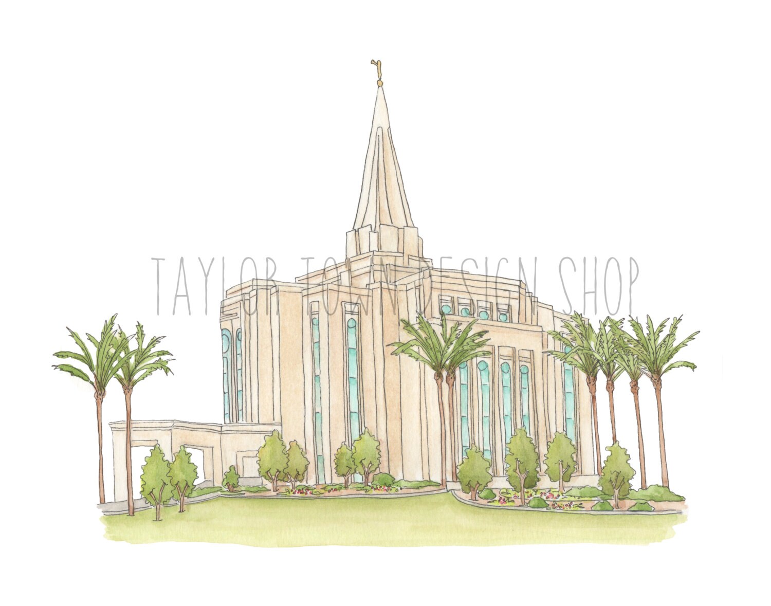 Gilbert, Arizona LDS Temple side View Drawing and Water Color Painting ...