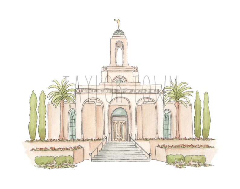 Newport Beach, California Temple Drawing and Watercolor Painting - Etsy