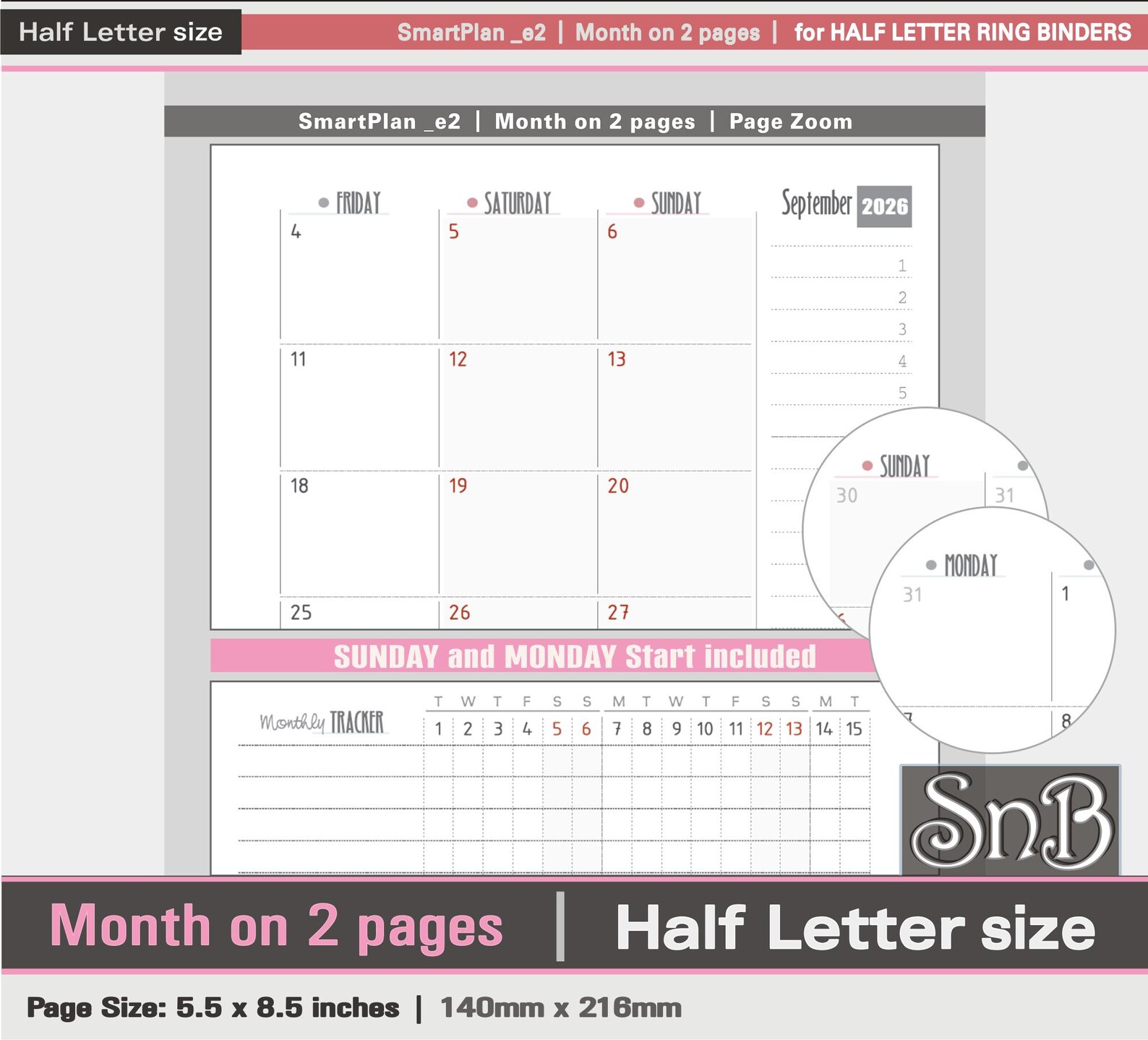 Snb Half Letter Rings - Smartplan E2 - Month on 2 Pages - 2025 / 2026 ...