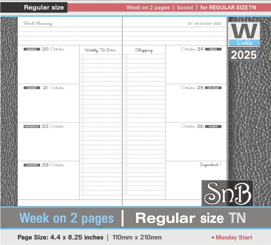 Snb RG - Boxed - Week on 2 Pages - 2025 - Printable Weekly Inserts for ...