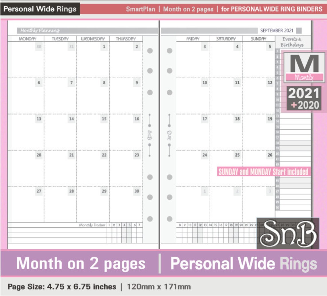SnB Personal Wide SmartPlan Month on 2 pages 2020 / 2021 | Etsy