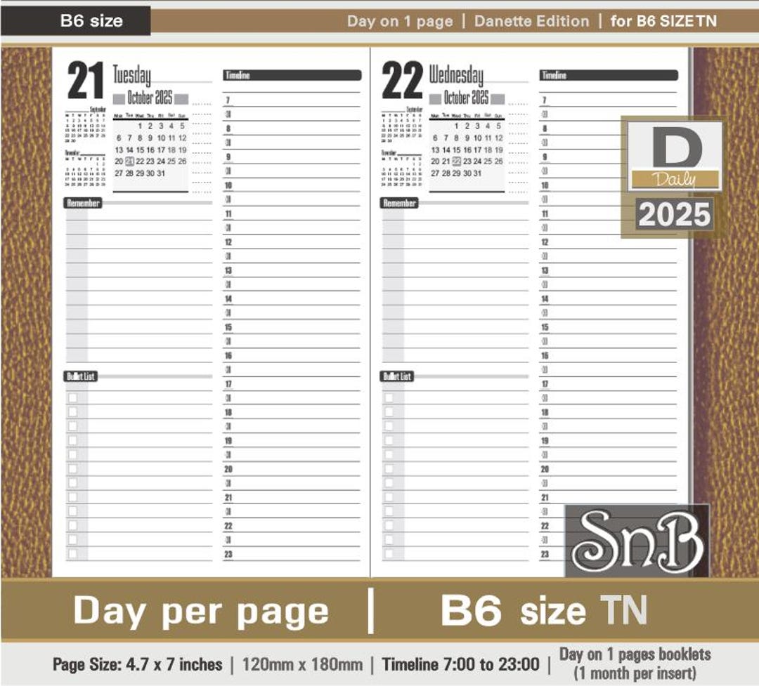 Snb B6 - Danette Edition - Day on 1 Page - 2024 / 2025 - Printable ...