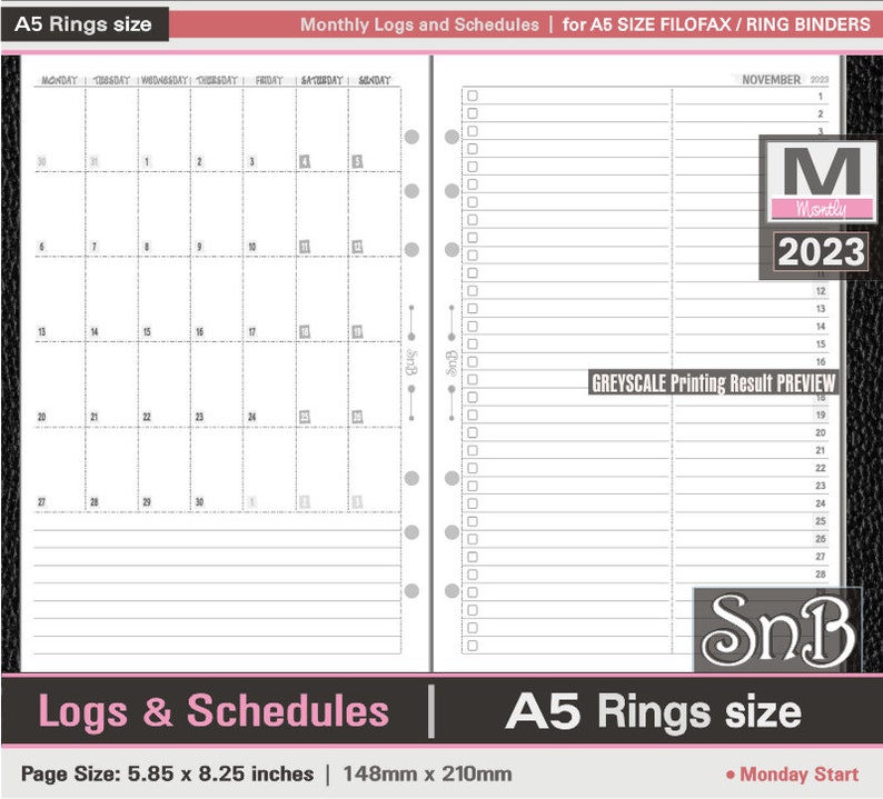 Snb A5 Rings Monthly Logs and Schedules 2023 Printable - Etsy