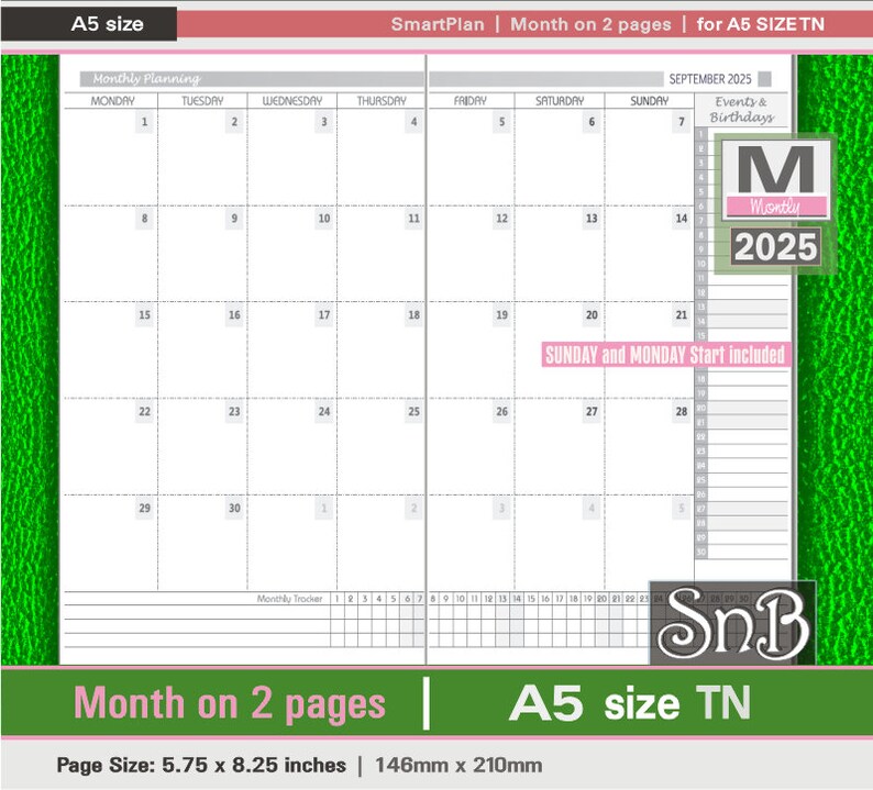 Snb A5 TN - Smartplan - Month on 2 Pages - 2025 - Printable Monthly ...