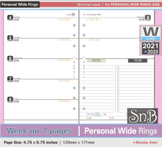 SnB Personal Wide Minimal Week on 2 pages 2020 / 2021 | Etsy