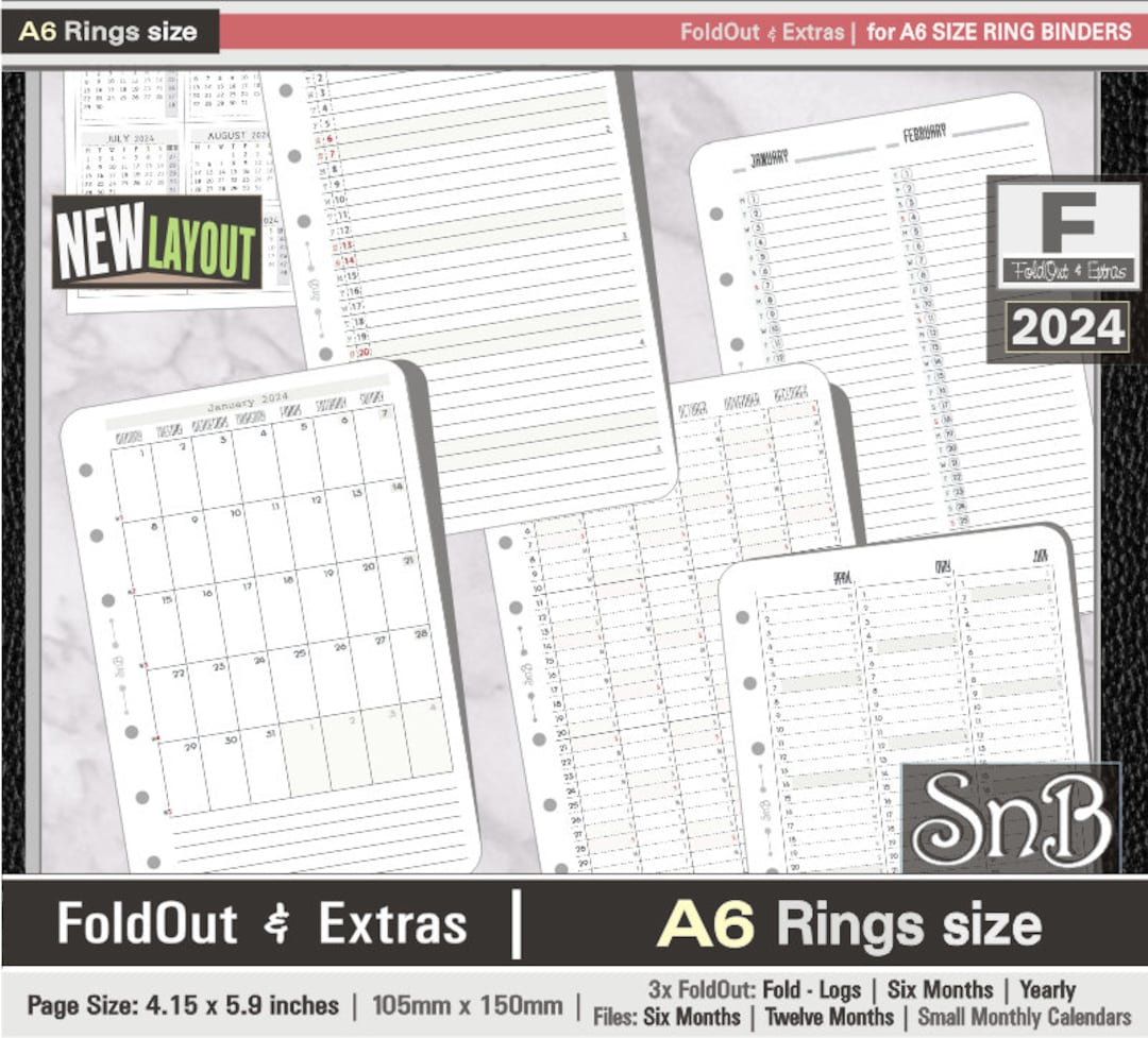 Snb A6 Rings Foldout Calendars and Extras 2024 Printable Inserts for ...