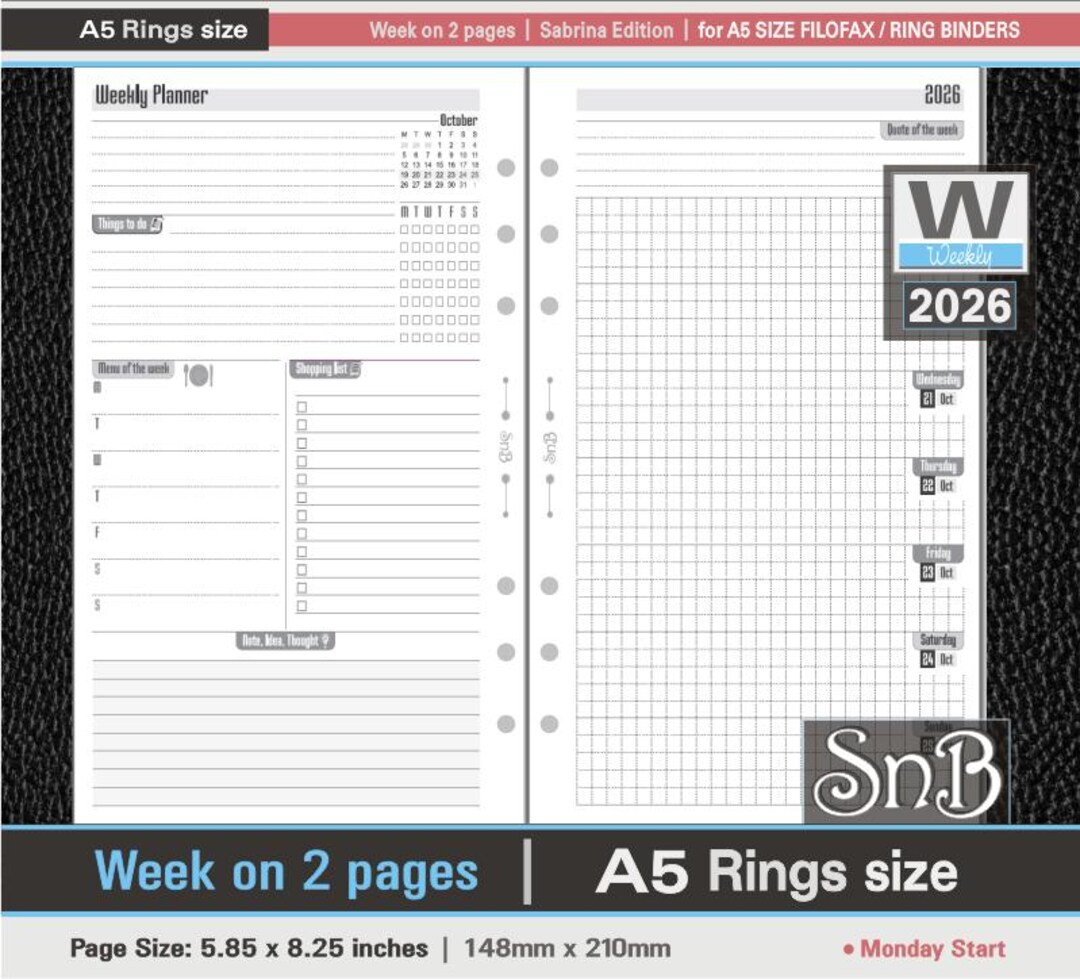 Snb A5 Rings - Sabrina - Week on 2 Pages - 2025 / 2026 - Printable ...