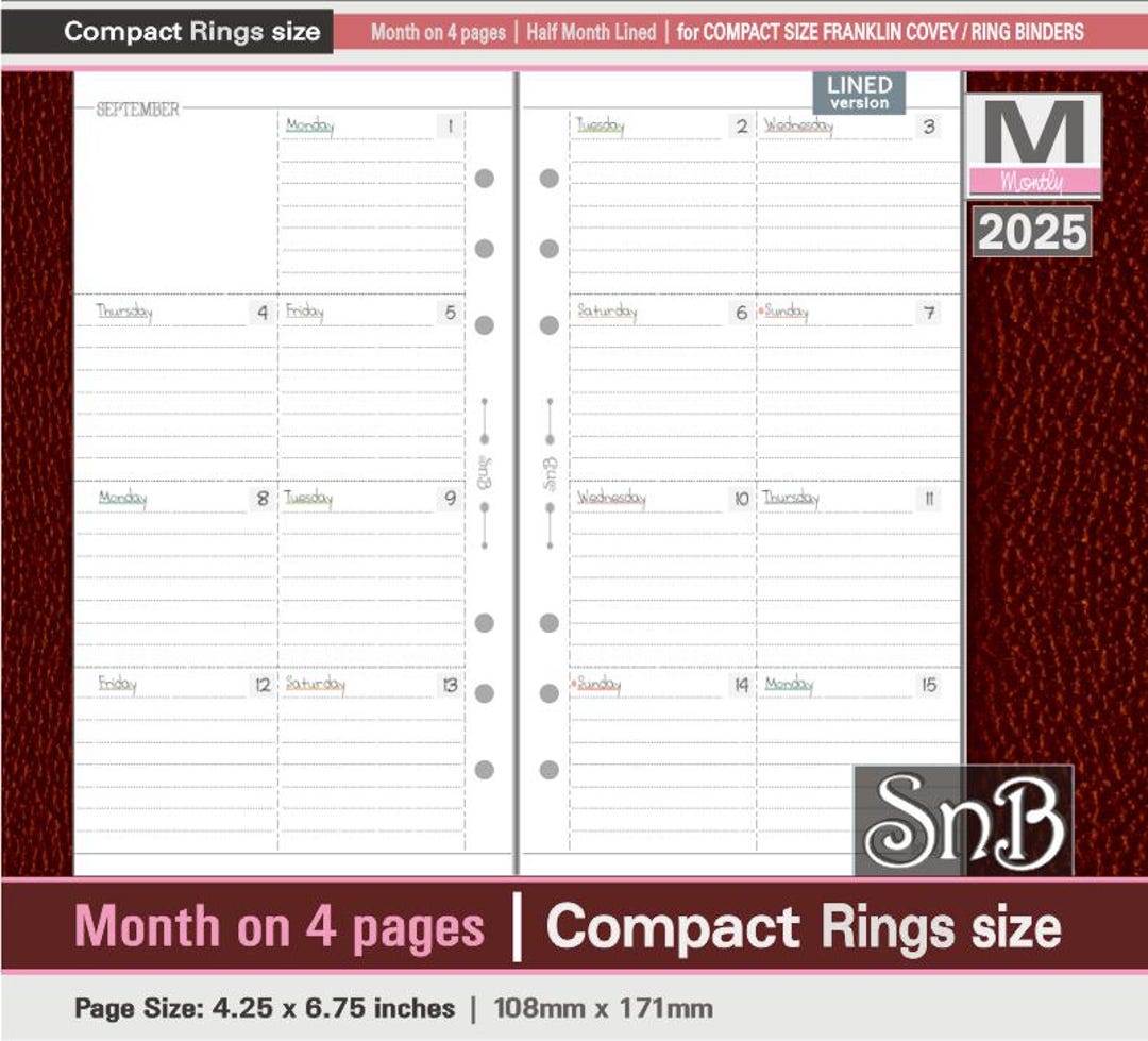 Snb Compact - Half Month Spreads - 2025 - Printable Monthly Inserts for ...