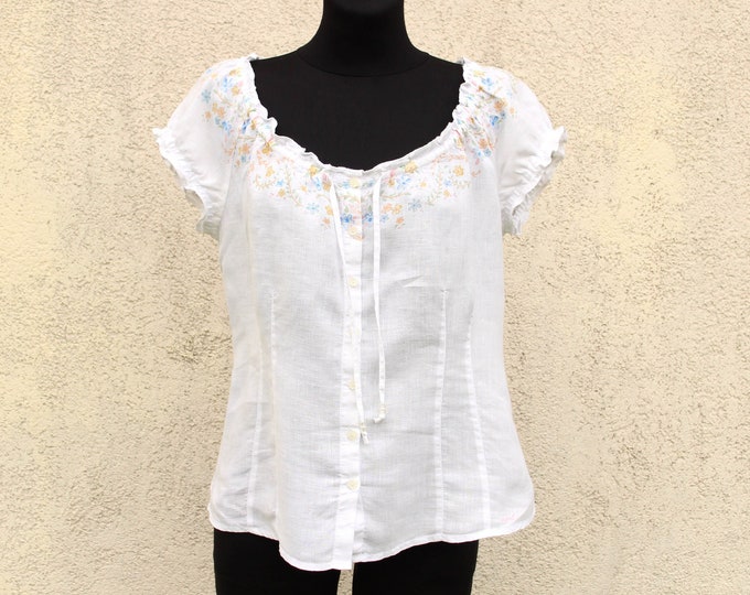 Vintage White Peasant Blouse Women's / White Linen Folk Style Blouse ...