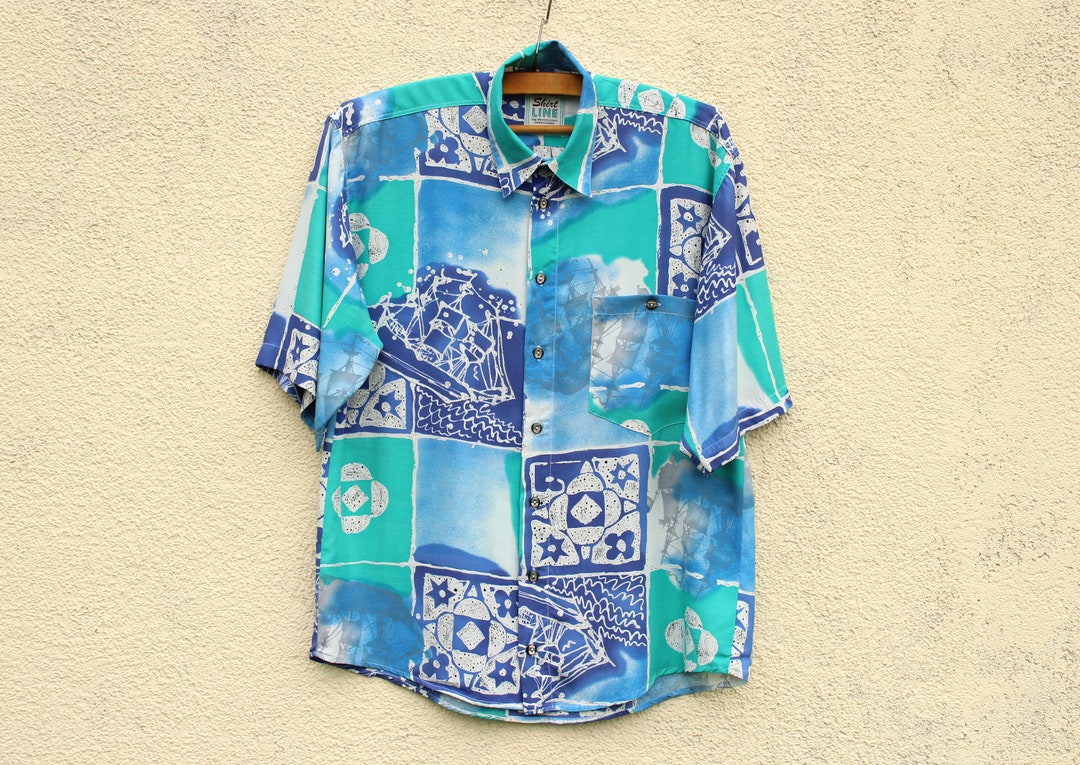 Vintage Blue Green Shirt Men's / Ship Print Shirt Men's / Sailor Print ...