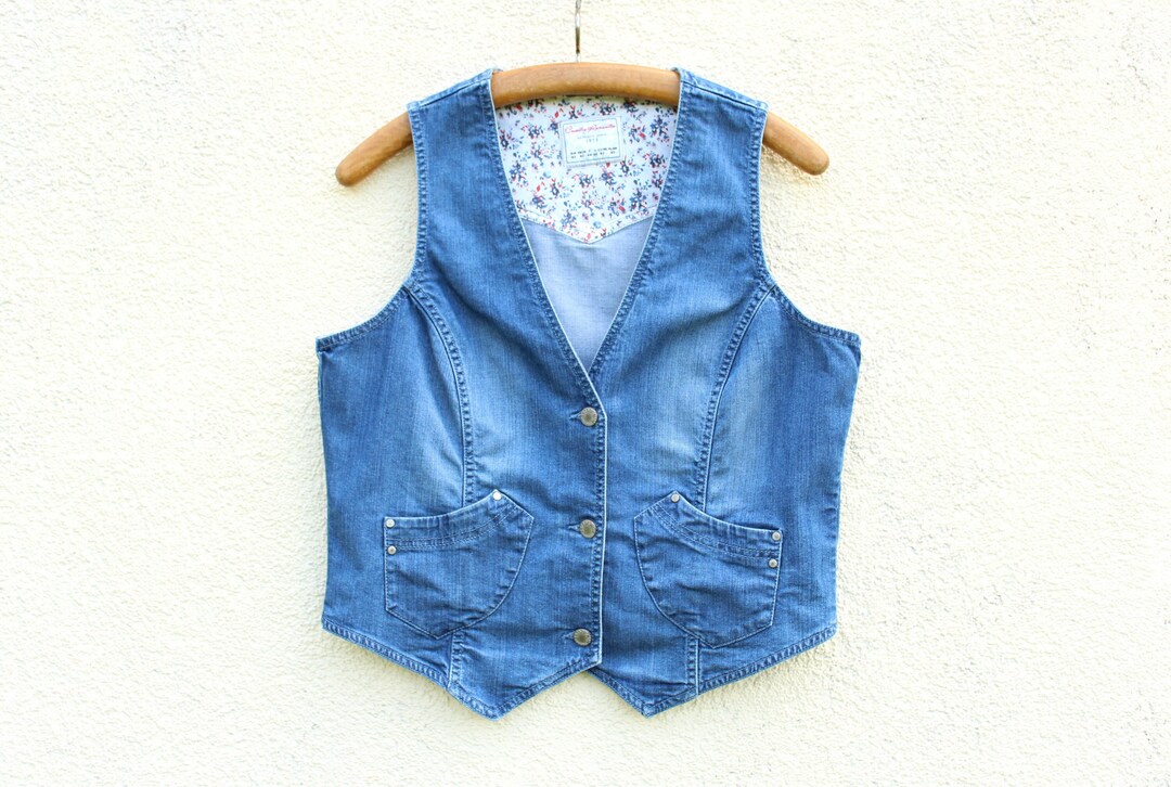 Vintage Blue Denim Vest Women's / Acid Wash Denim Vest Women's / Blue Denim Waistcoat Women's ...