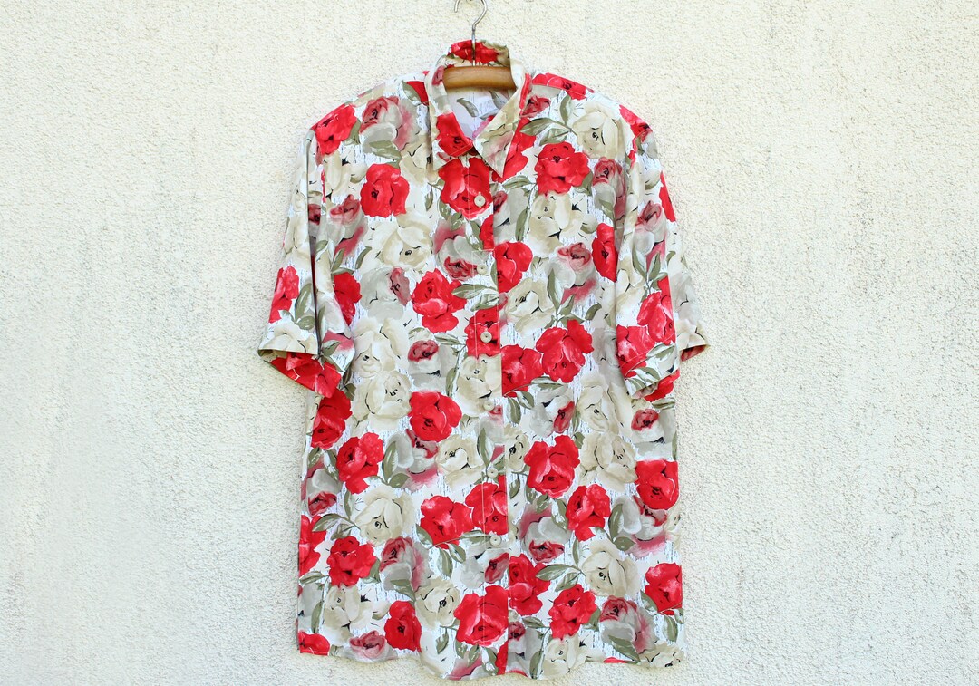 Vintage Red Rose Bloues Women's / Red Floral Viscose Blouse Women's ...