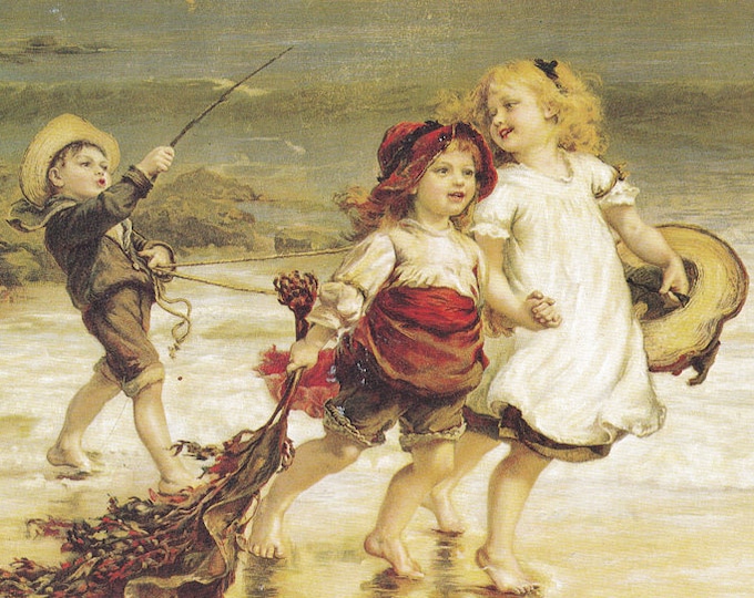 Victorian Children Playing at the Beach Boy Girls Seaside Print Vintage ...