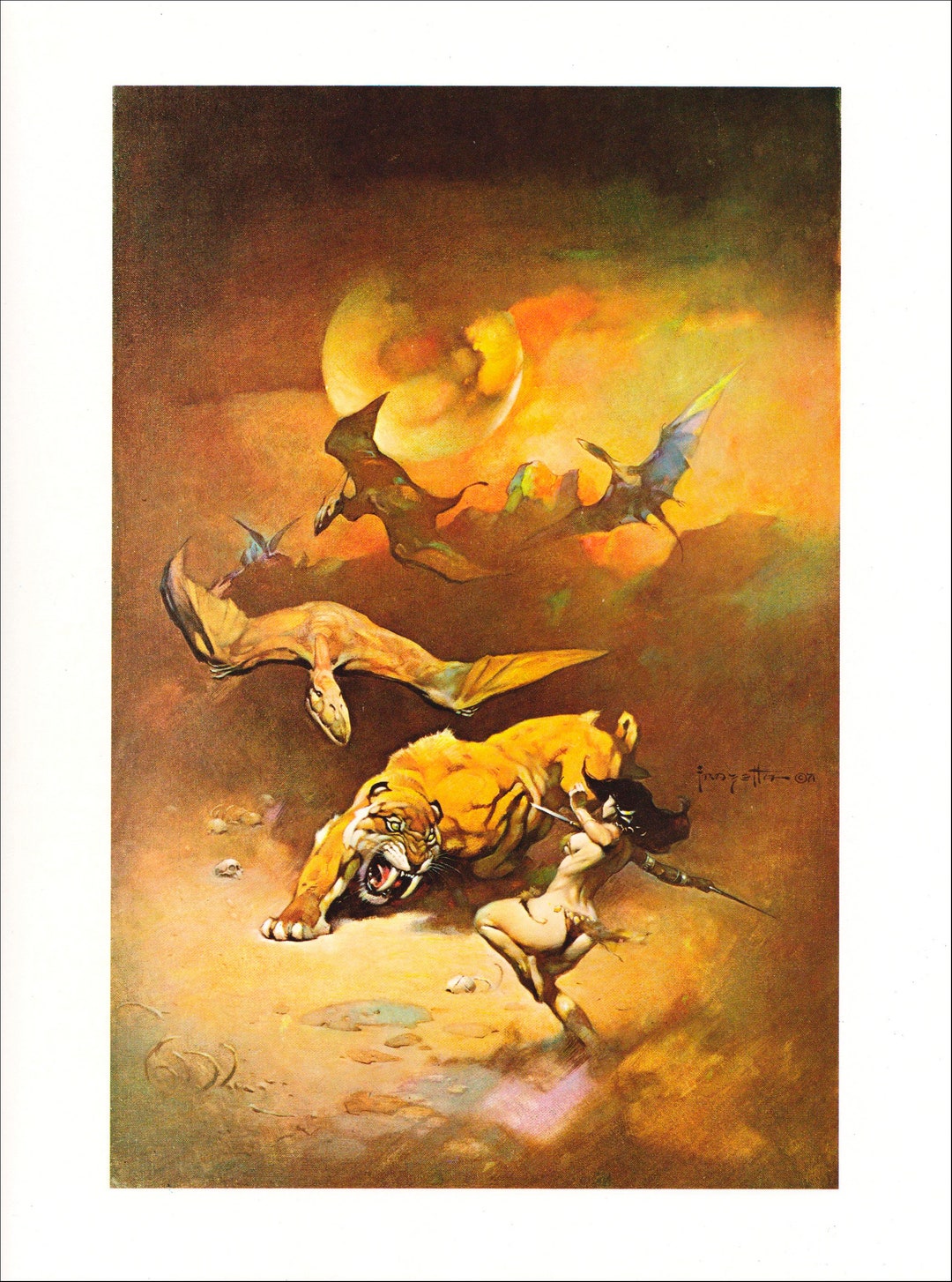 Flying Reptiles Frank Frazetta Vintage Art Print Fierce Female Warrior ...