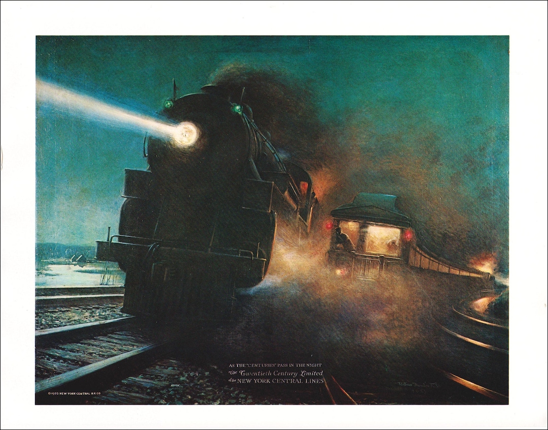 Passing Trains at Night Steam Locomotive New York Central Lines Vintage ...