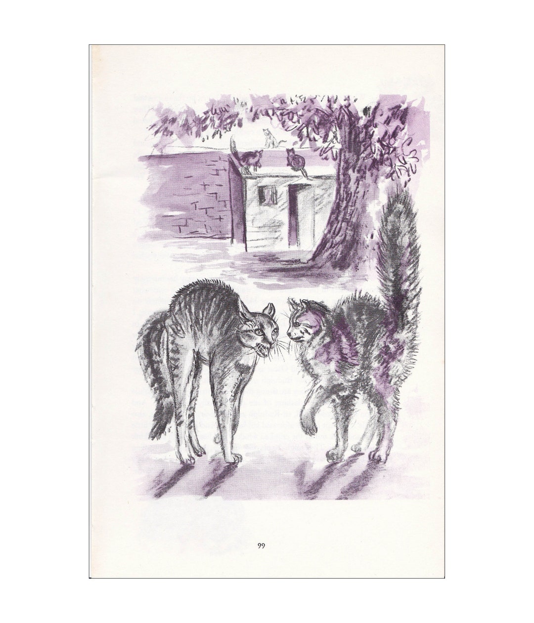 Cat Fight Alley Bushy Tails Vintage Mid Century Illustration Print ...