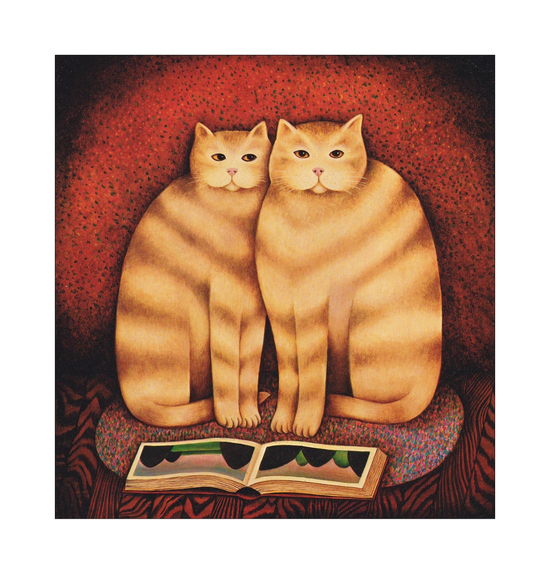 Ginger Cats Siblings Cuddly Reading Book House Cat Tabby Vintage Print ...