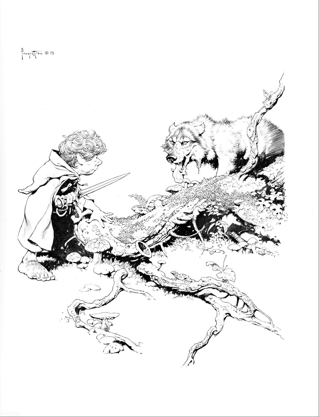 Middle Earth Frank Frazetta Hobbit Fighting Wolf B/w Vintage Early ...