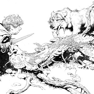 Middle Earth Frank Frazetta Hobbit Fighting Wolf B/w Vintage Early ...