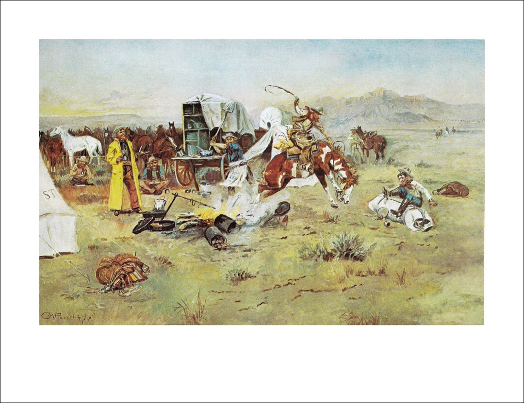 Western Art by Charles M. Russell Bronco Bronc in Cow Camp Kitchen ...