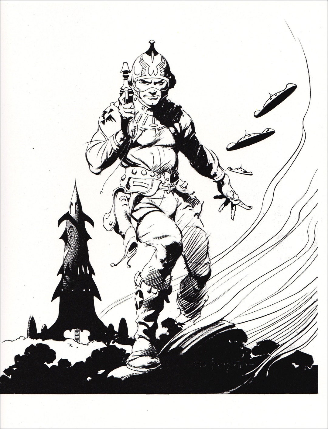 Spaceman Frank Frazetta B/w Vintage Fantasy UFO Alien Astronaut Laser ...