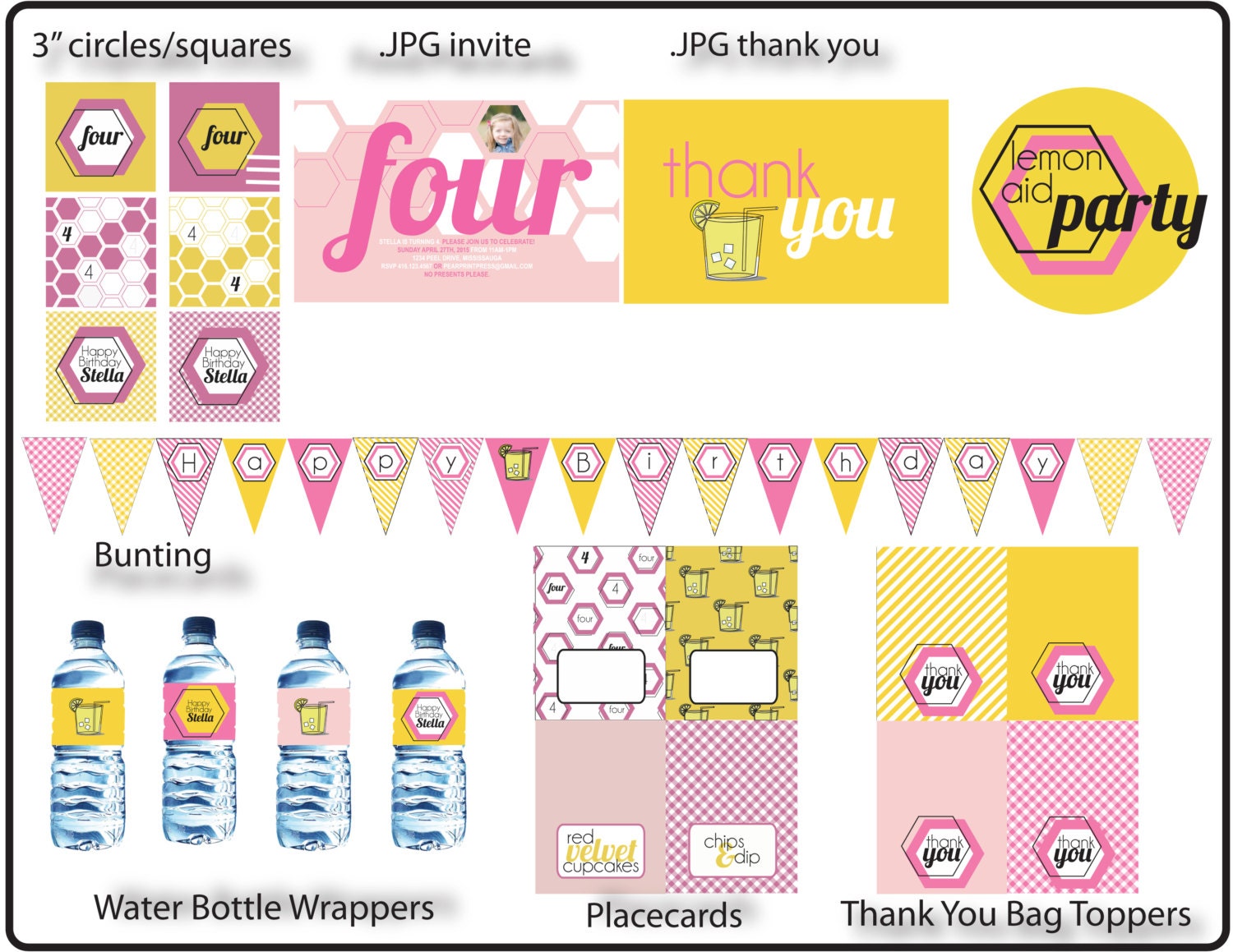Pink and Yellow Lemonade Custom Birthday Party Printable Package - Etsy