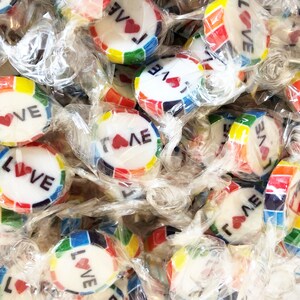 Approx 100 LOVE Rainbow Wedding Favour Individually Wrapped Rock Candy ...