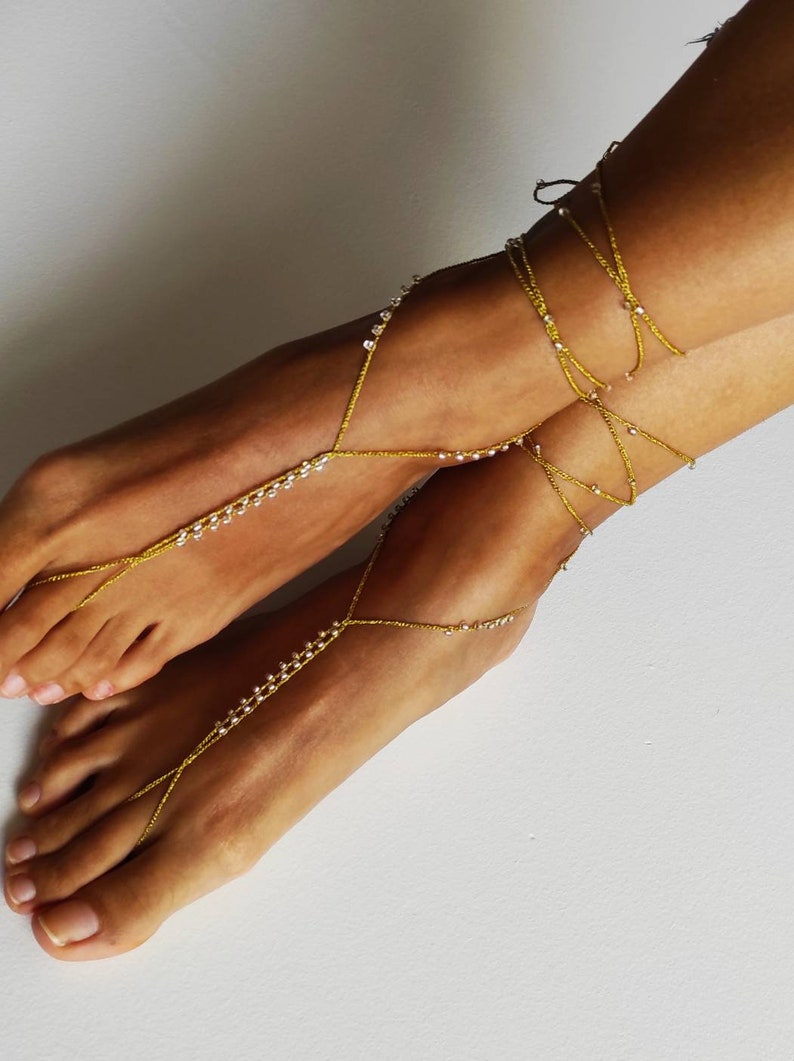 Gold Beaded Barefoot Sandals: Crochet Beach Wedding Foot Jewelry ...