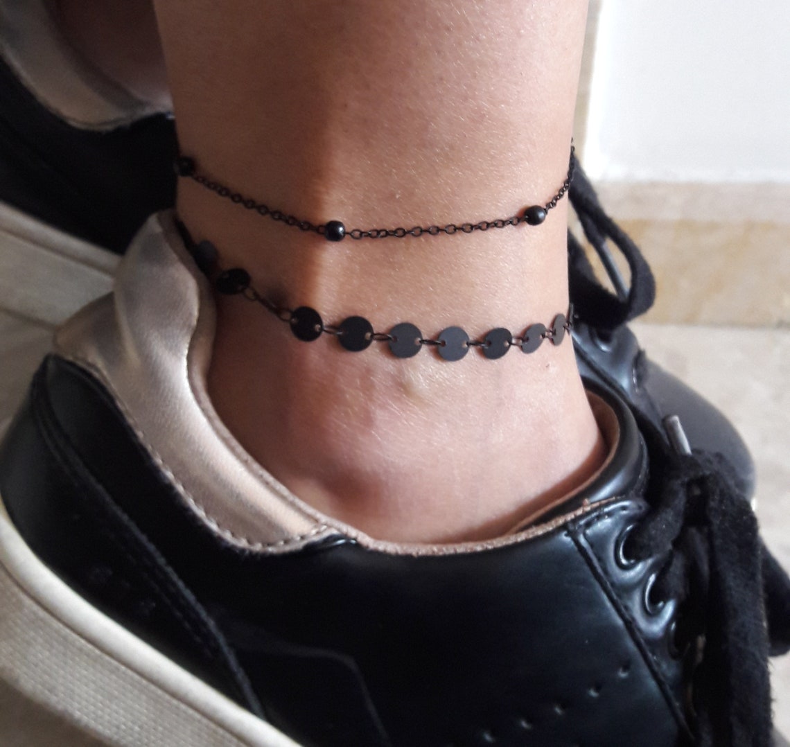 Delicate Black Anklet Set: Beaded Chain Anklet Bracelet - Etsy