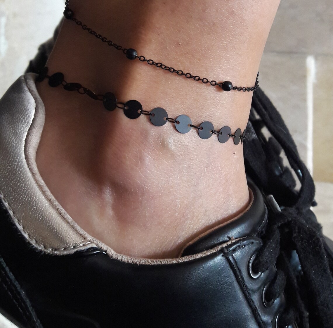 Delicate Black Anklet Set: Beaded Chain Anklet Bracelet - Etsy