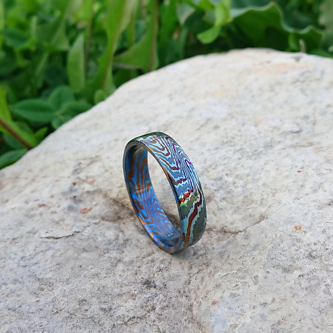 Damascus Ring zirconium Titanium Mokume Wedding Band Customizable Hand ...
