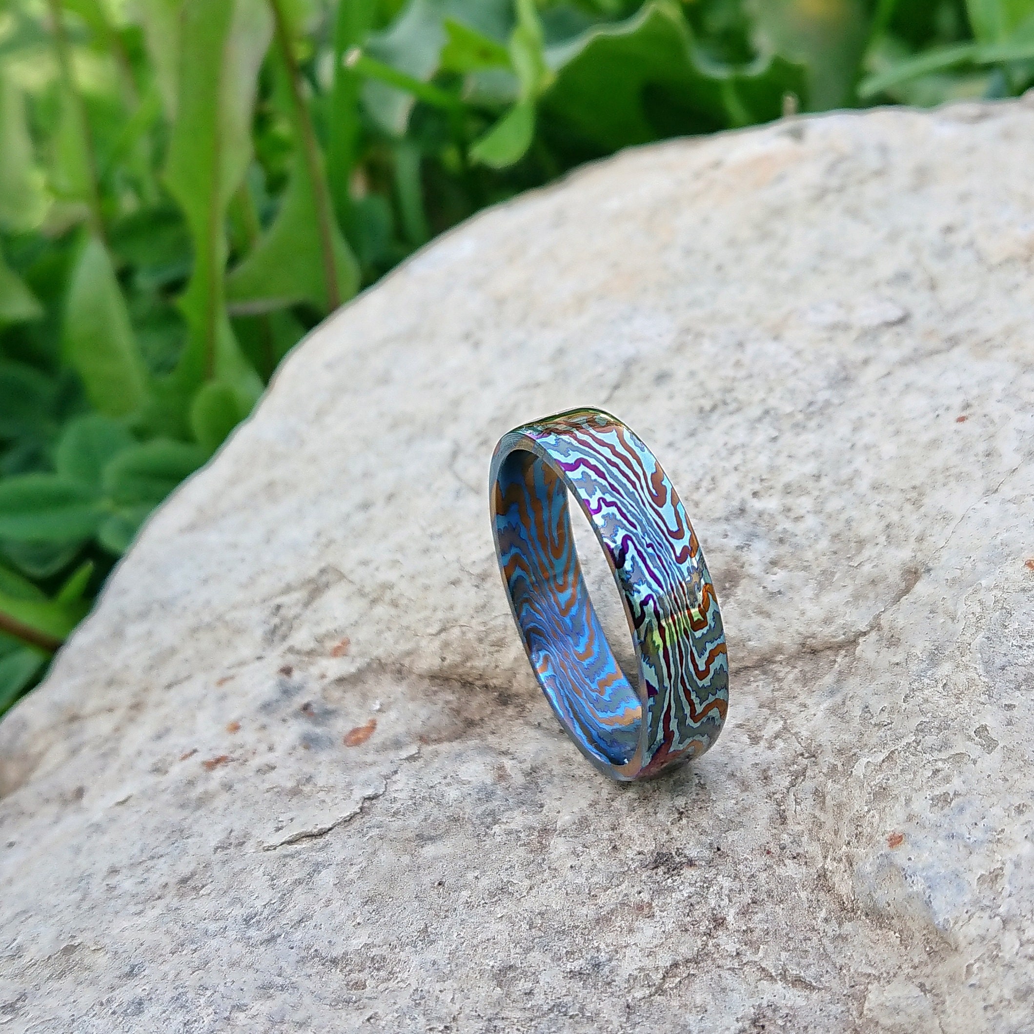 Damascus Ring zirconium Titanium Mokume Wedding Band Customizable Hand ...