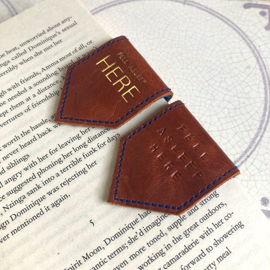 Personalise Gold Foil Brown Leather Bookmark With Blue Organic Wool ...