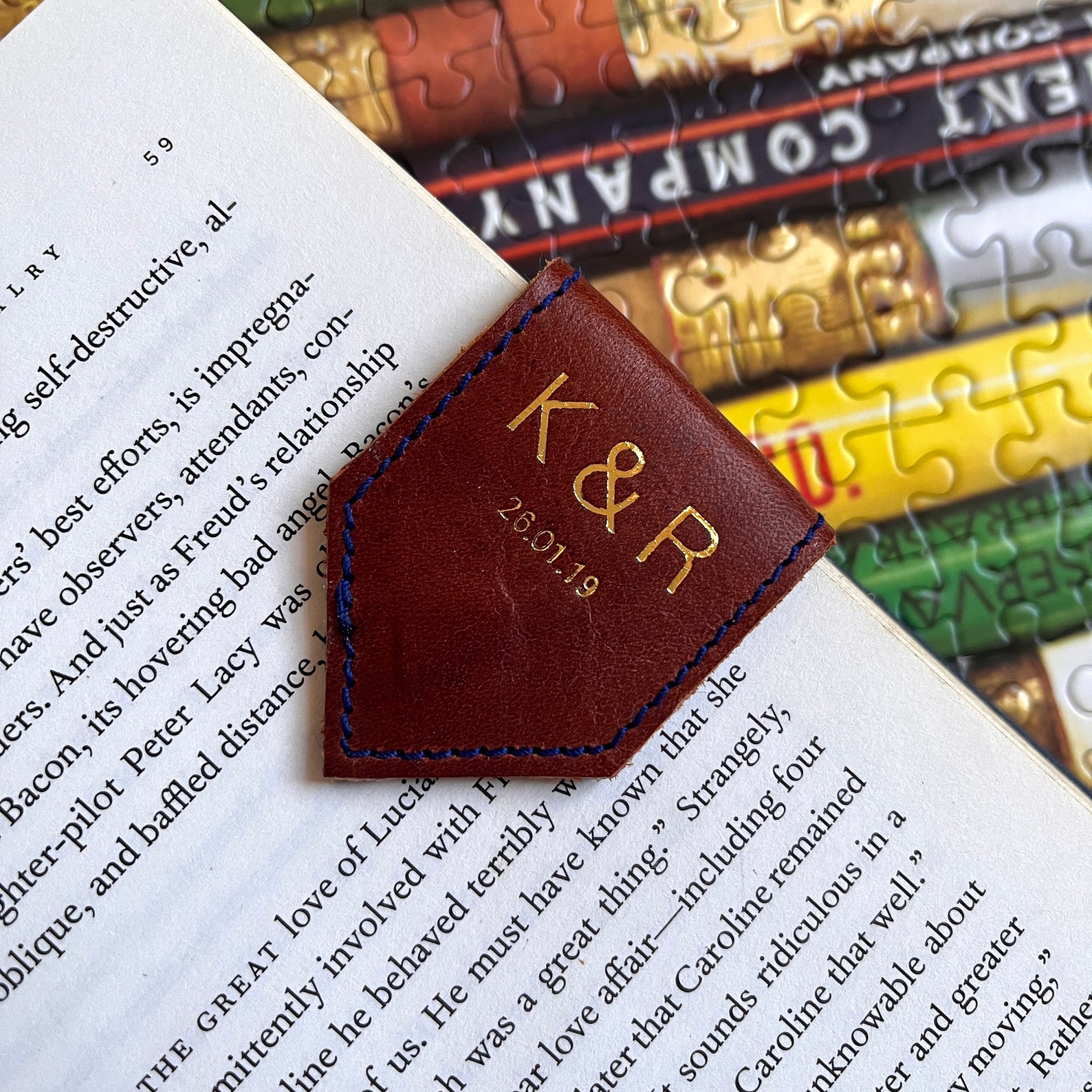 Personalise Gold Foil Brown Leather Bookmark With Blue Organic - Etsy