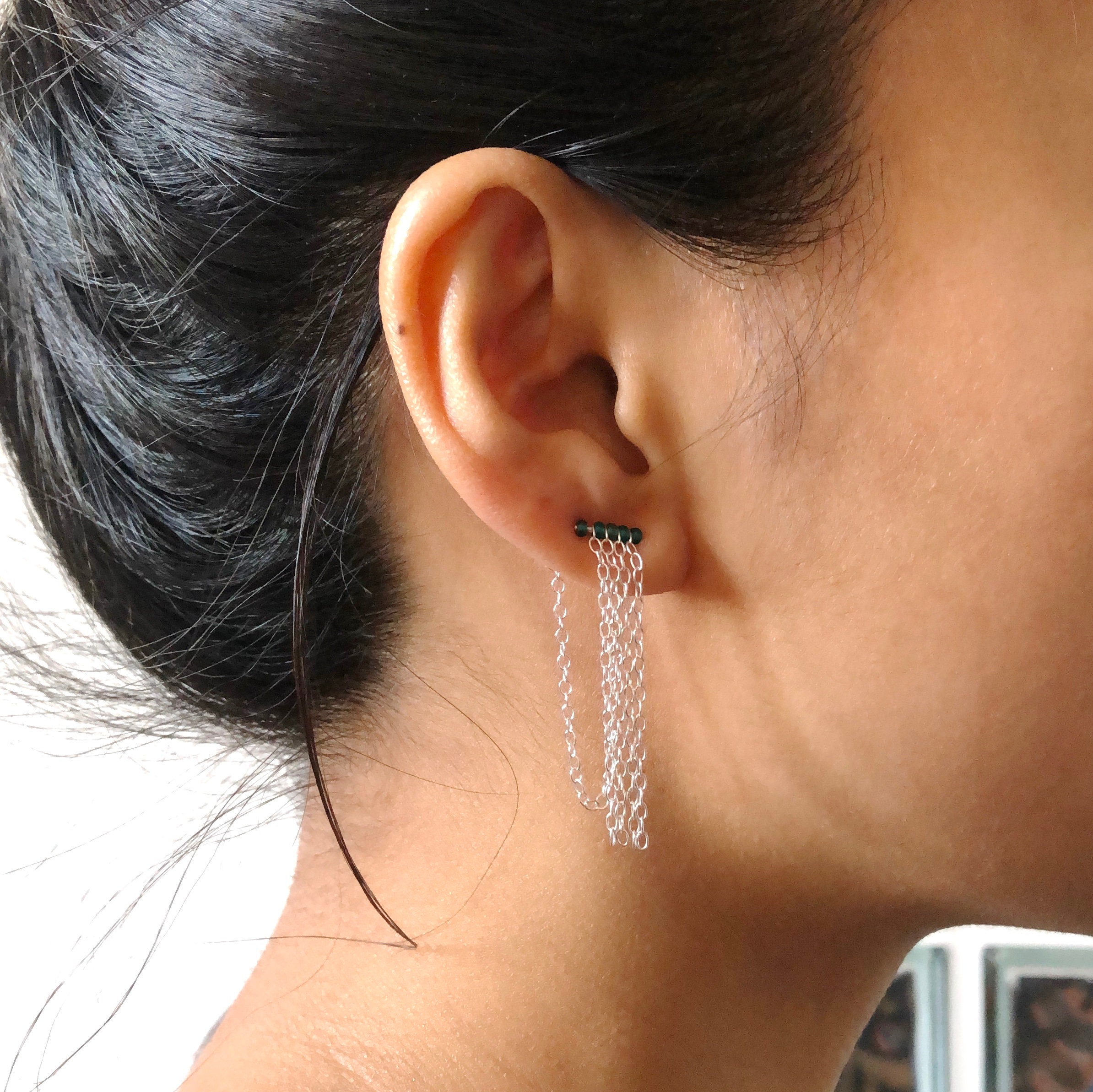 Chain Tassel Double Piercing Earring Two Hole Earring Teal | Etsy