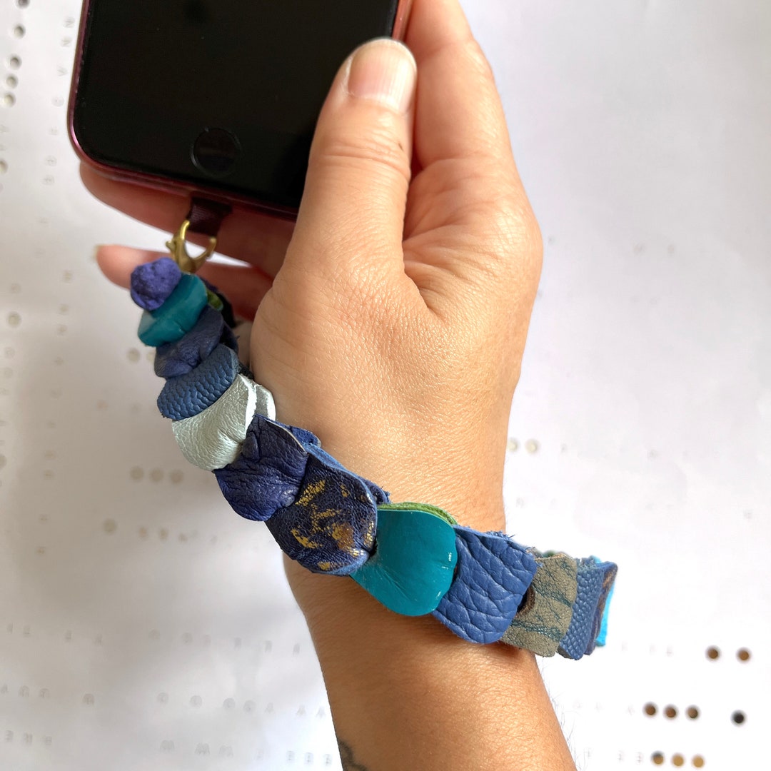 Chunky Leather Chain Link Phone Strap | Handmade Blue Leather Wrist ...