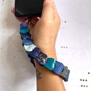 Chunky Leather Chain Link Phone Strap | Handmade Blue Leather Wrist ...
