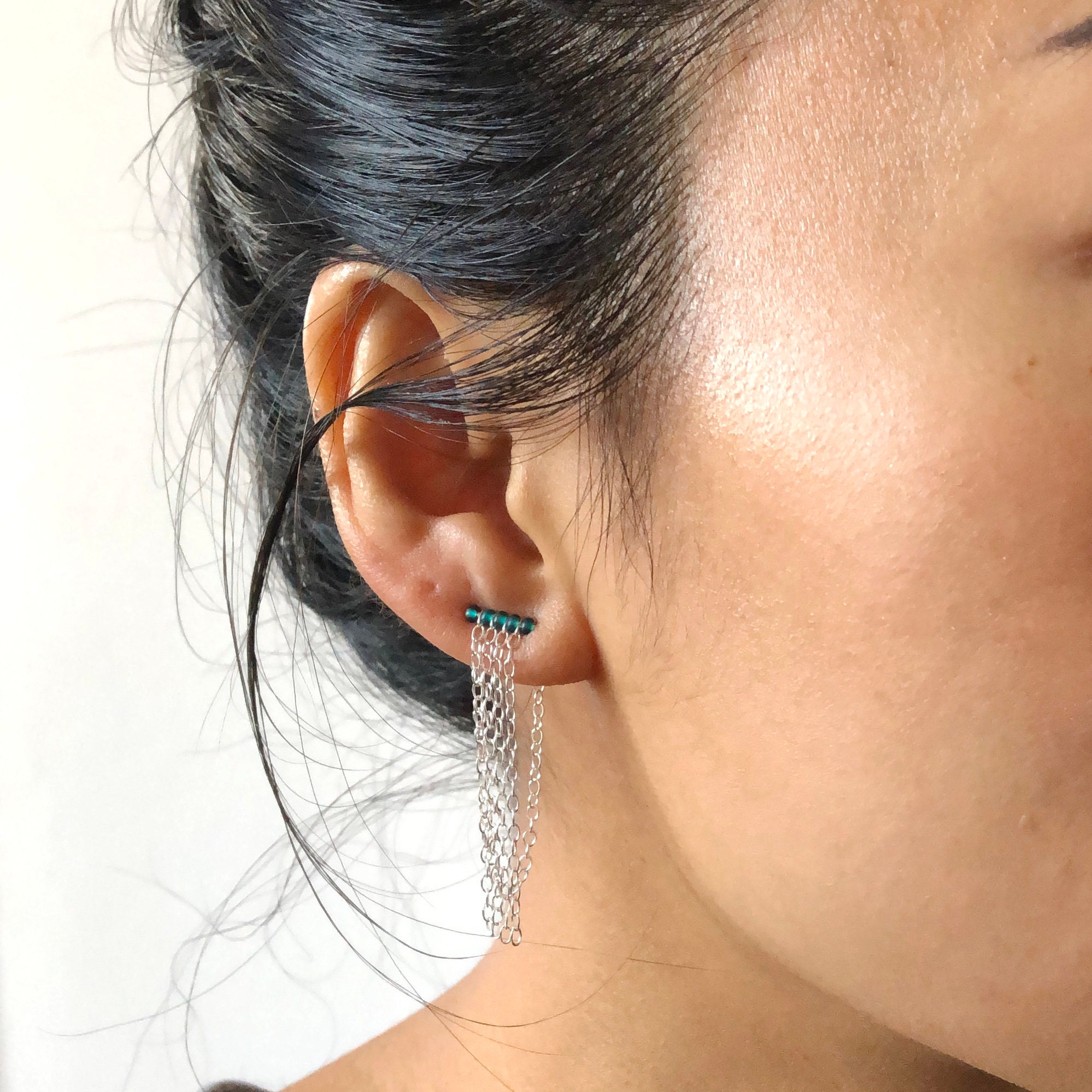 Chain Tassel Double Piercing Earring Two Hole Earring Teal | Etsy