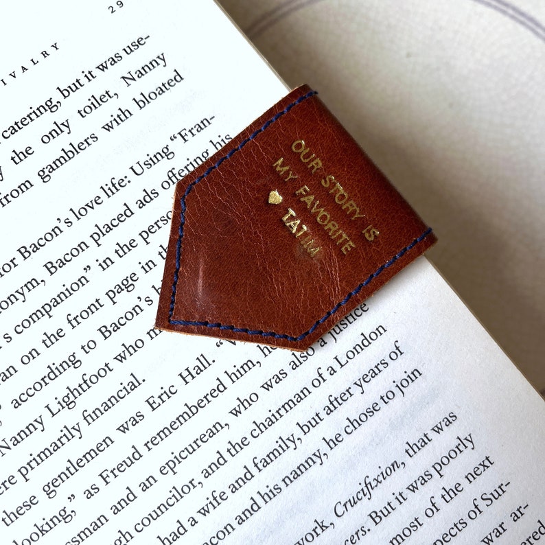 Personalise Gold Foil Brown Leather Bookmark With Blue Organic - Etsy