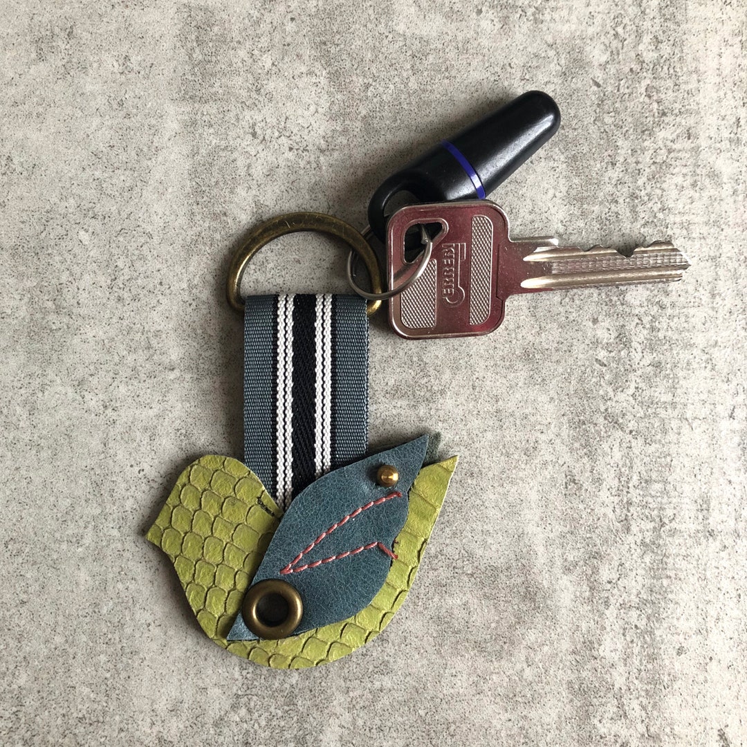 Leather Keychain Lime Green Bird Design Cord Organiser | Leather Cord ...