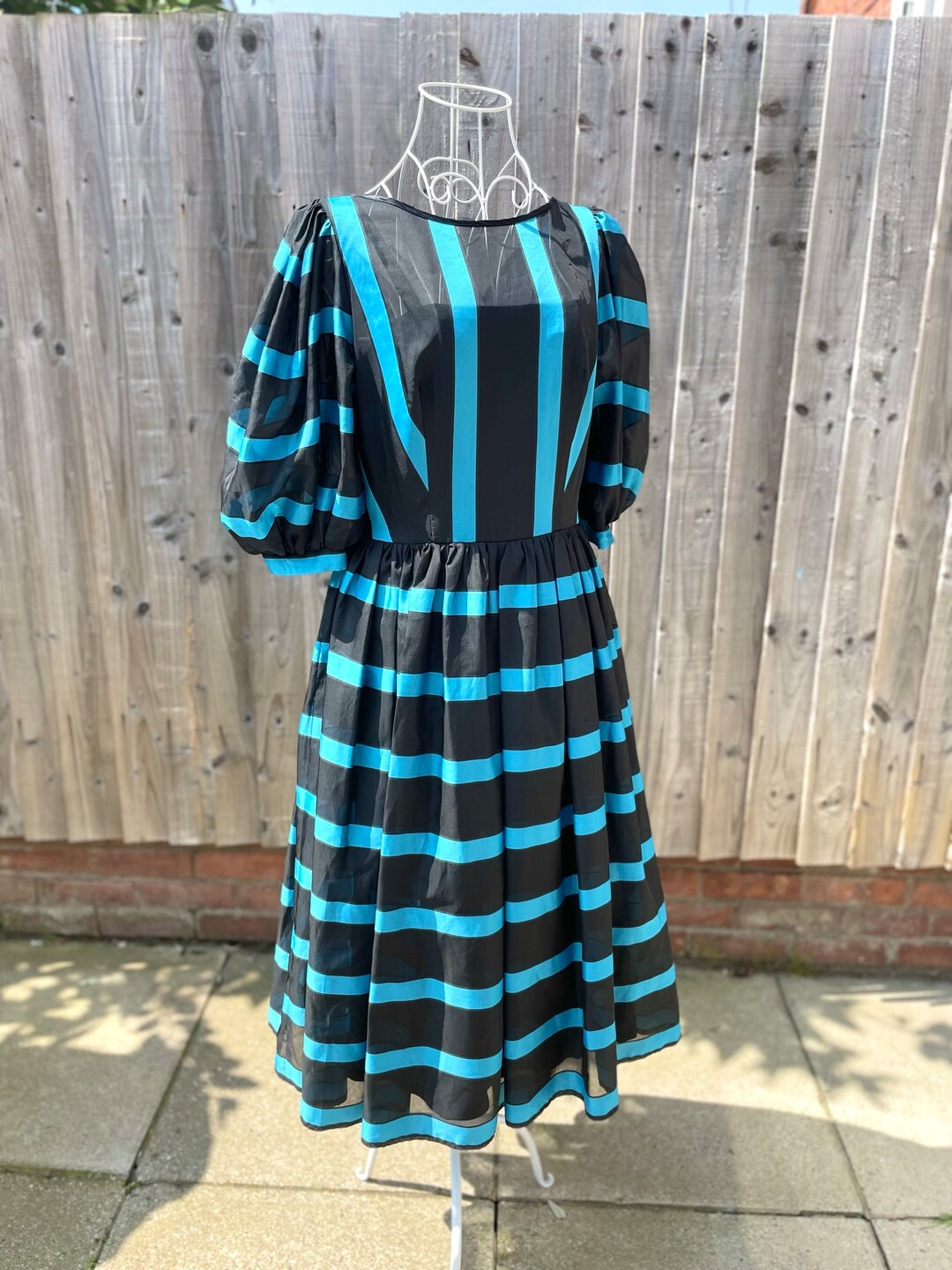 Vintage 80s Dress New Wave Stripe Blue Black Prom Goth - Etsy